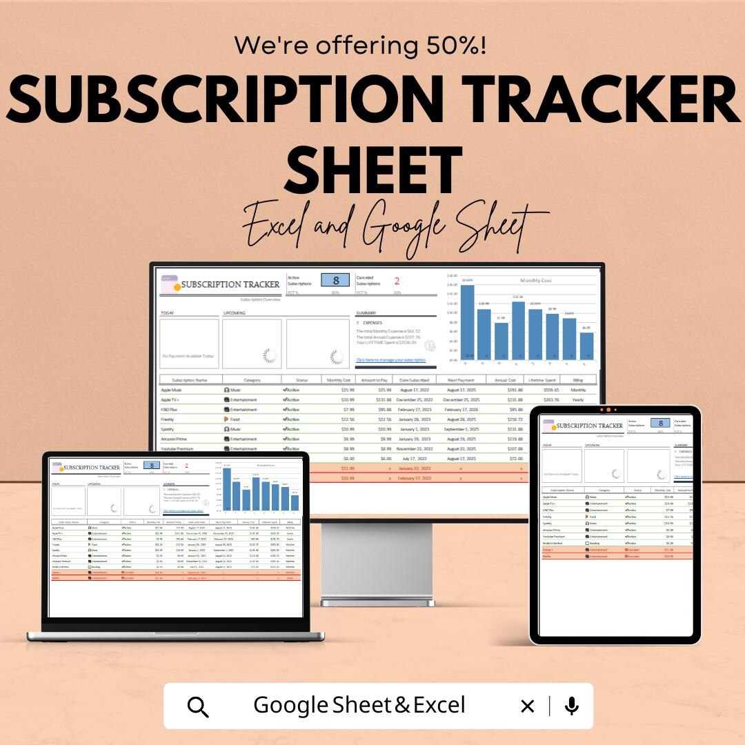 Subscription Tracker Sheet | Excel and Google Sheet | Subscription ...