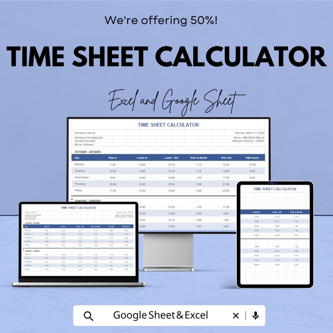 Time Sheet Calculator - Excel & Google Sheets Template | Employee Time Tracking, Payroll ...