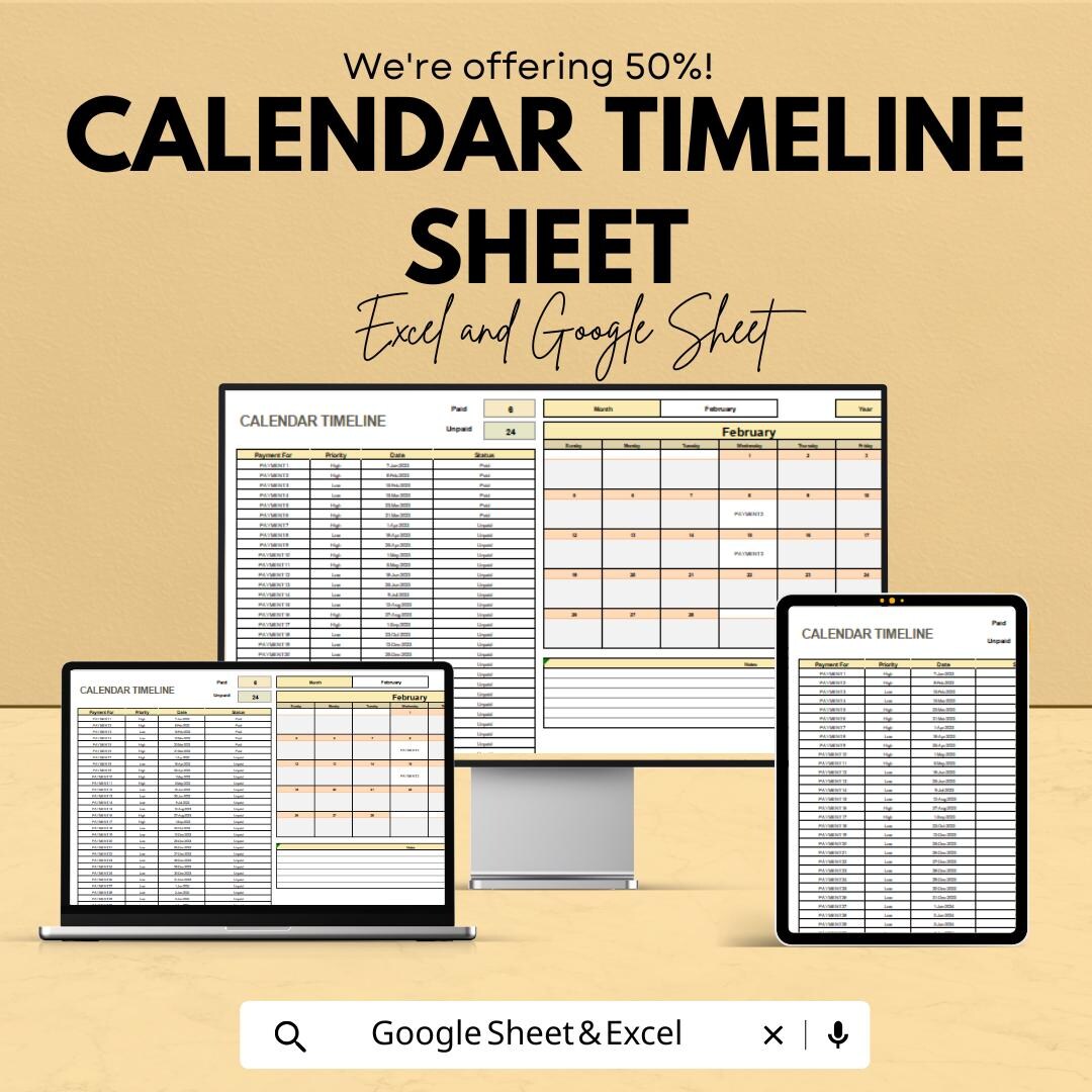 Calendar Timeline Sheet | Excel and Google Sheets | Color-coded ...