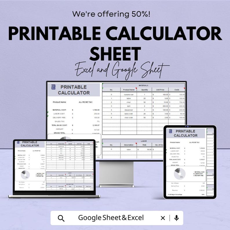 Printable Calculator Sheet | Excel & Google Sheets | Cost Estimator ...