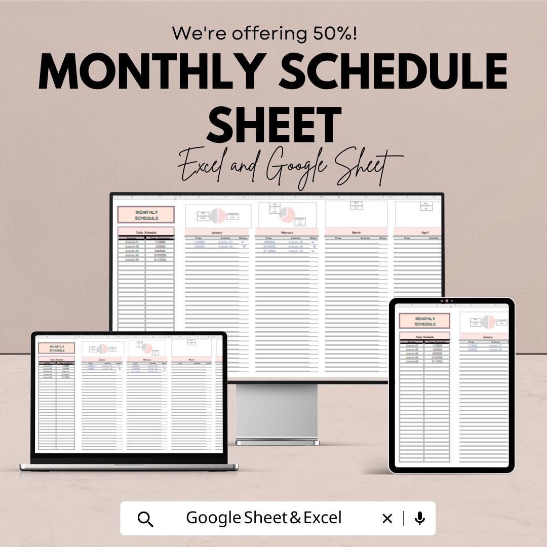 Monthly Schedule Template - Excel and Google Sheets - Time Management ...