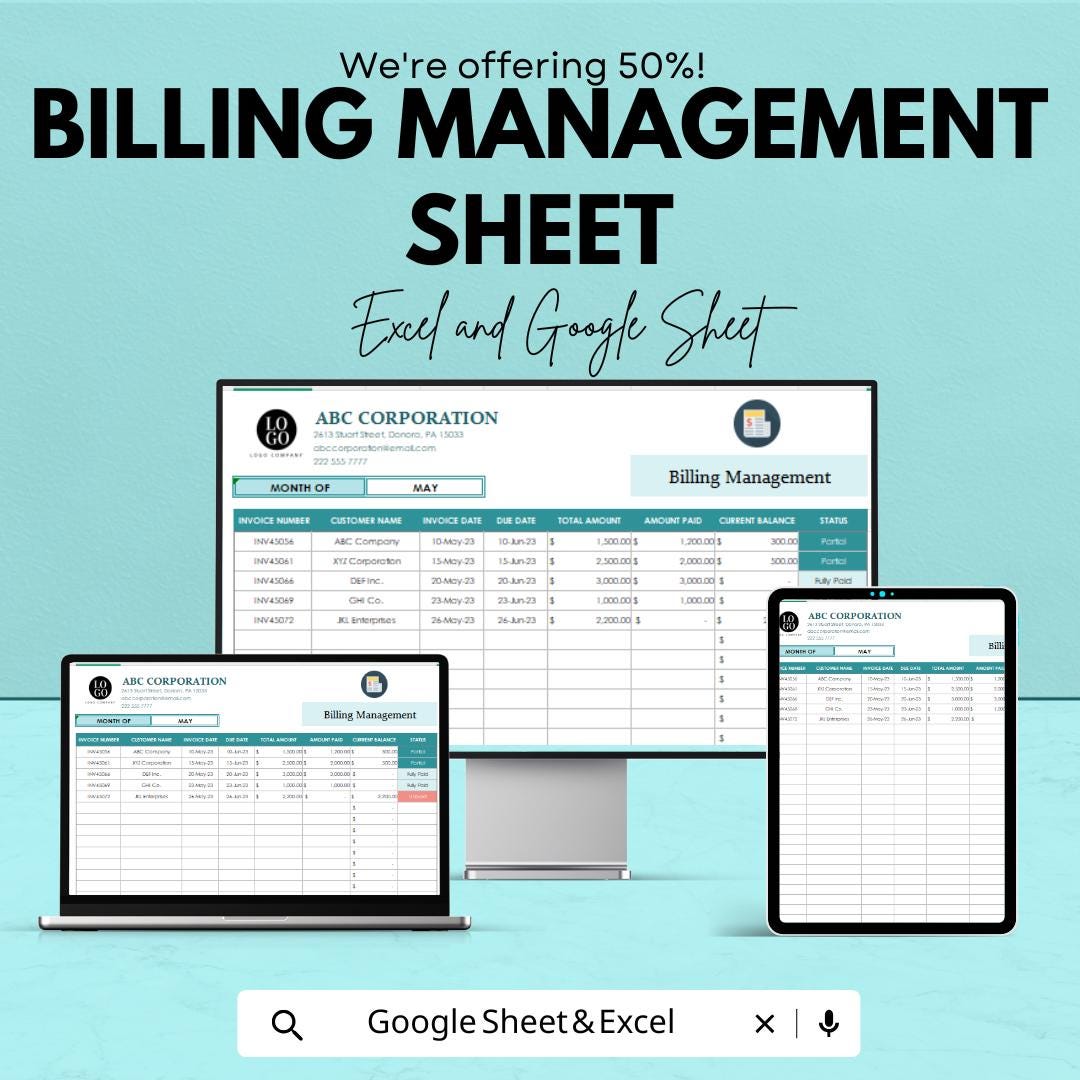 Billing Management Template - Excel & Google Sheets | Invoice Tracker ...
