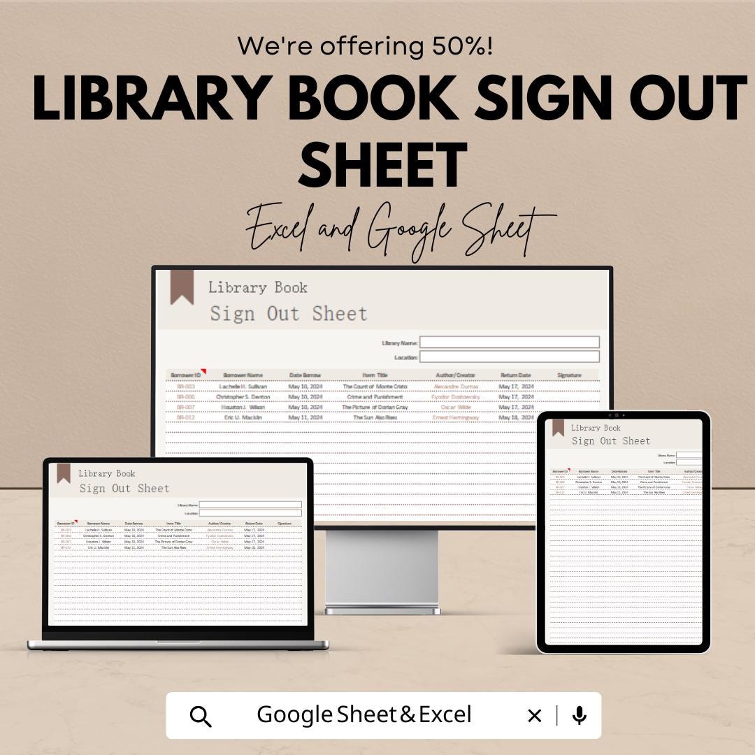 Library Book Sign Out Sheet Template - Excel and Google Sheet | Track ...