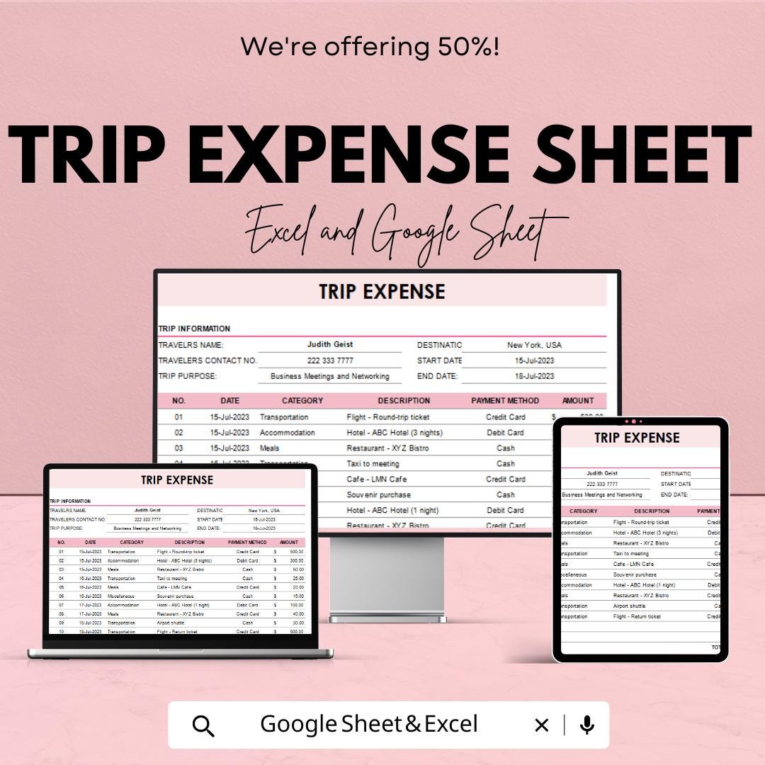 Trip Expense Sheet - Travel Budget Tracker for Business, Personal Trips ...