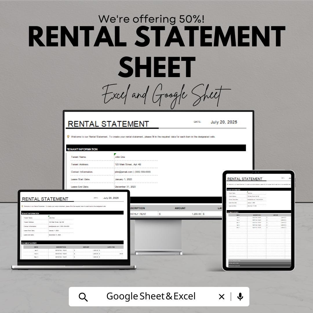 Rental Statement Template | Google Sheets & Excel | Rent Ledger ...