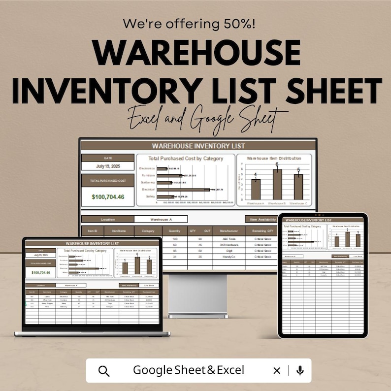 Warehouse Inventory List Sheet | Excel and Google Sheets | Track Stock ...