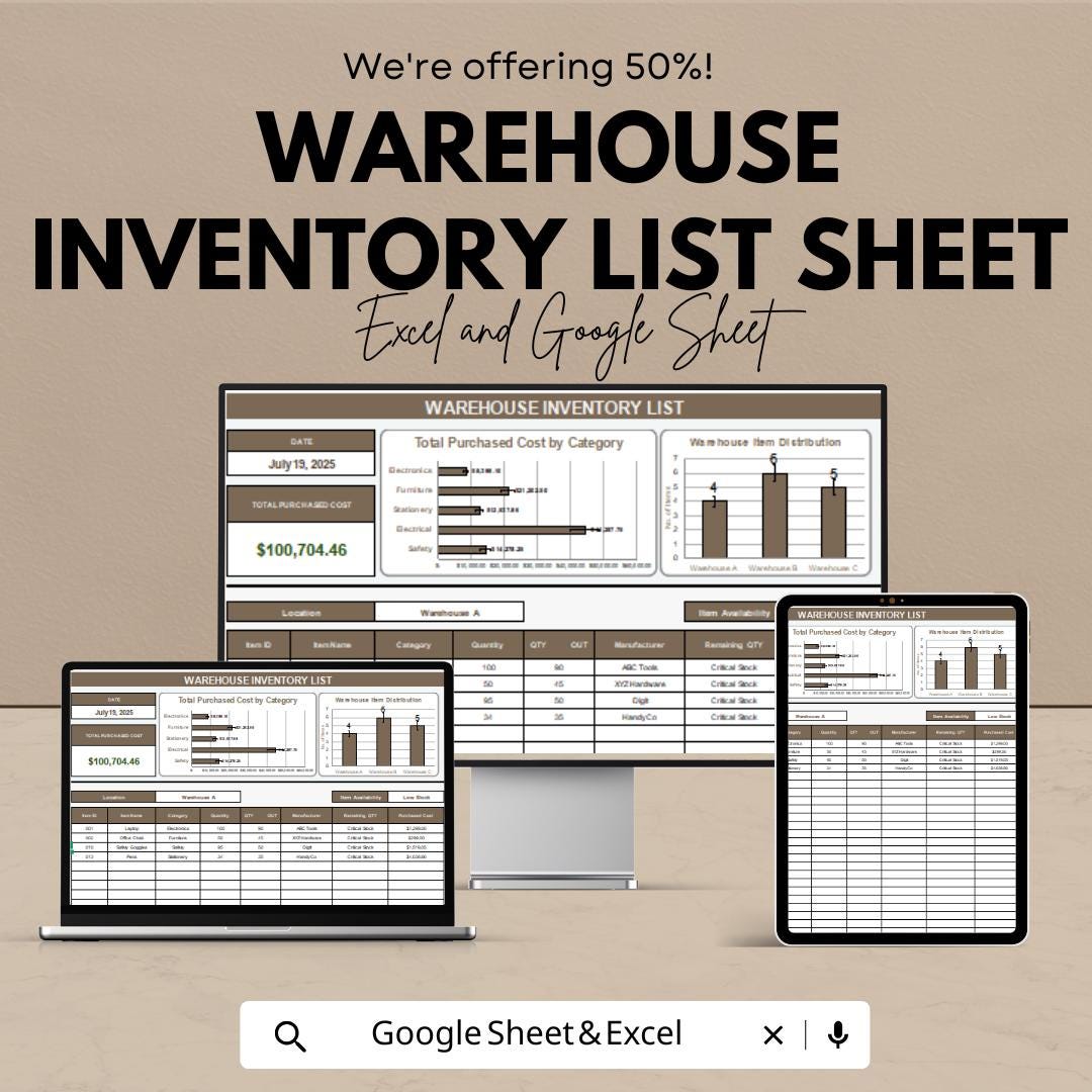 Warehouse Inventory List Sheet | Excel and Google Sheets | Track Stock ...