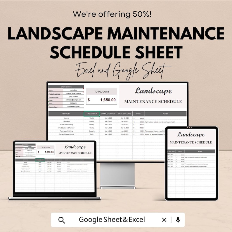 Landscape Maintenance Schedule Template – Editable Excel & Google Sheet ...