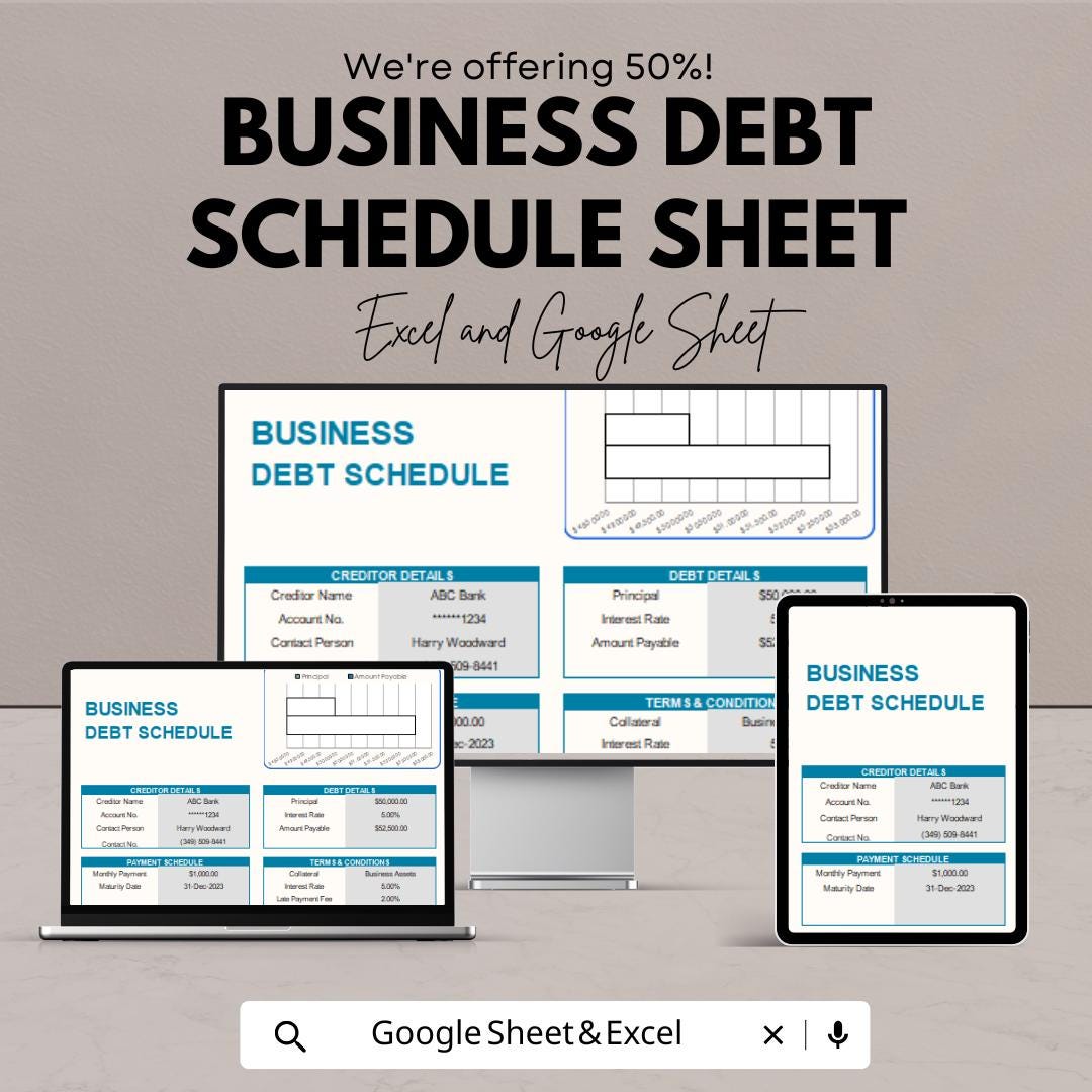 Business Debt Schedule Template - Excel & Google Sheets - Track Loan ...