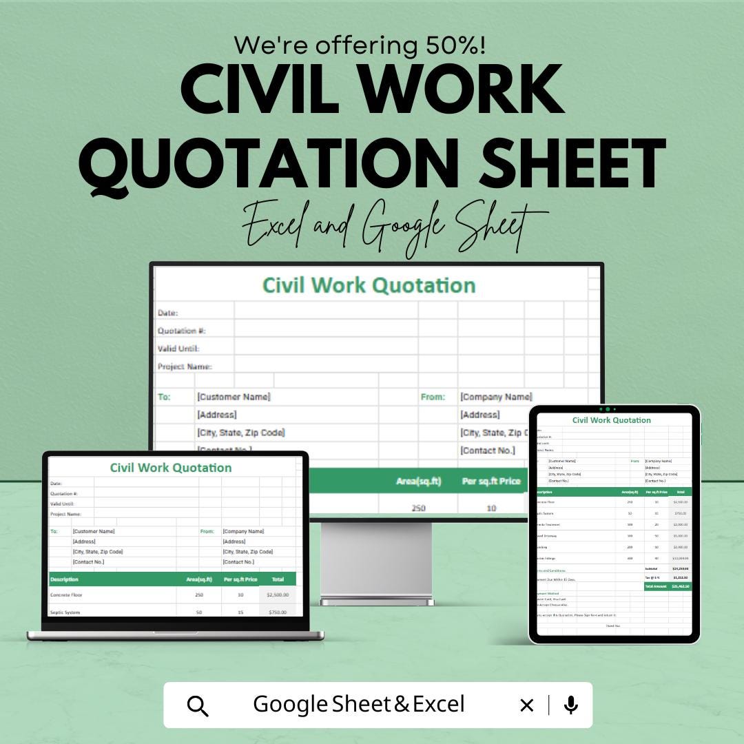 Civil Work Quotation Sheet | Excel & Google Sheets Template ...
