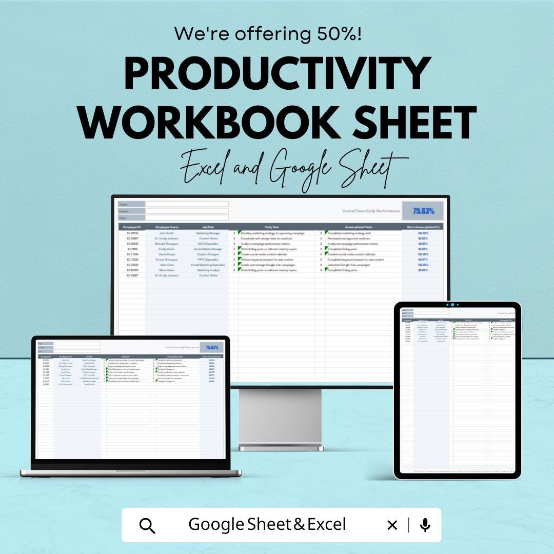 Productivity Workbook Sheet - Track Daily Tasks and Goals | Excel ...