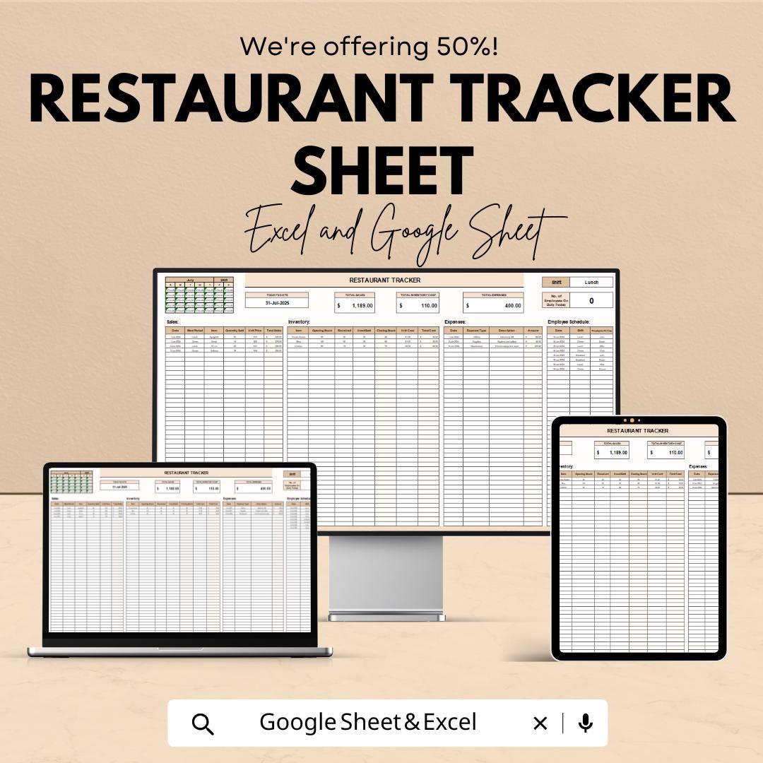 Restaurant Tracker Sheet | Inventory and Expense Tracking | Excel and ...