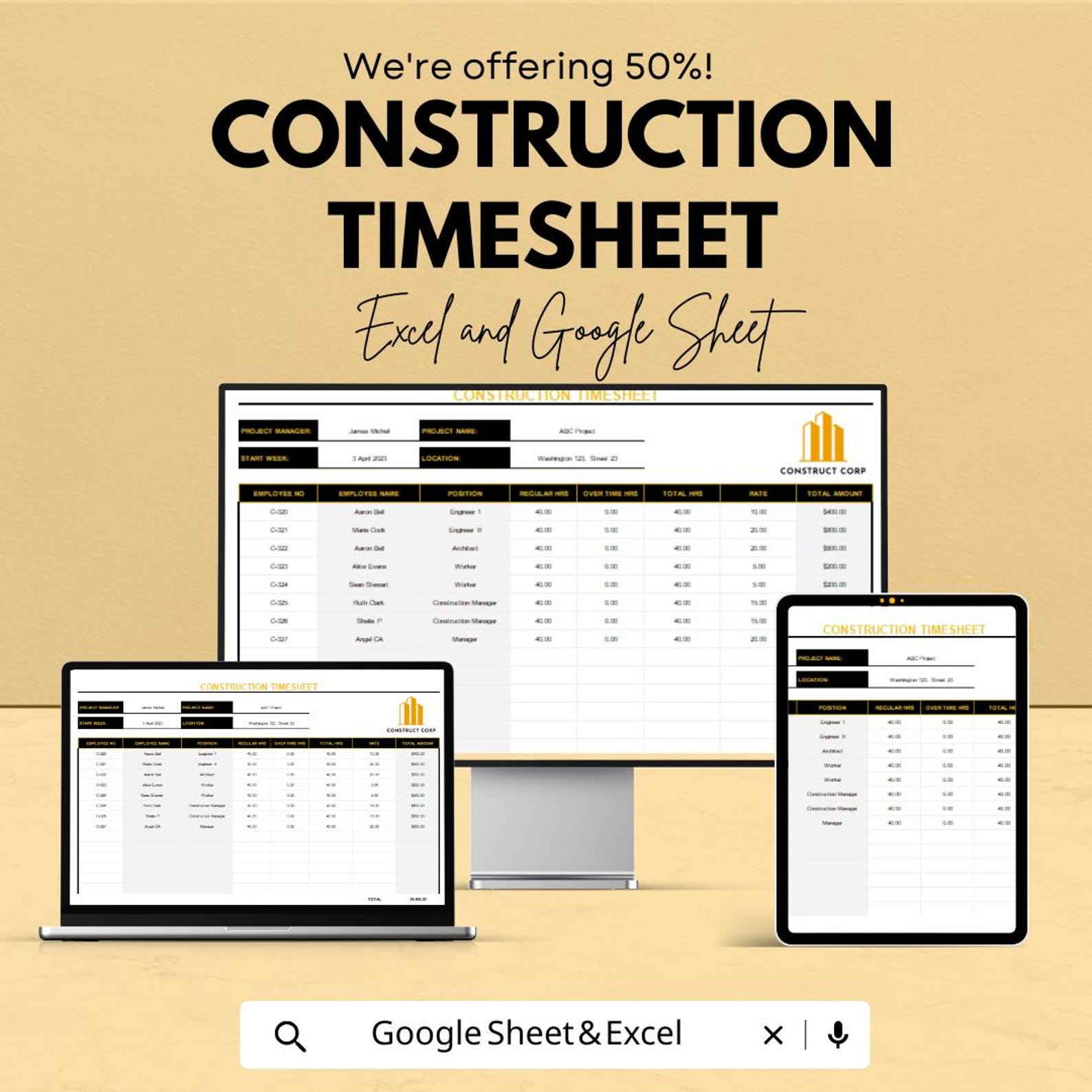 Construction Timesheet Template | Excel & Google Sheet | Track Hours ...