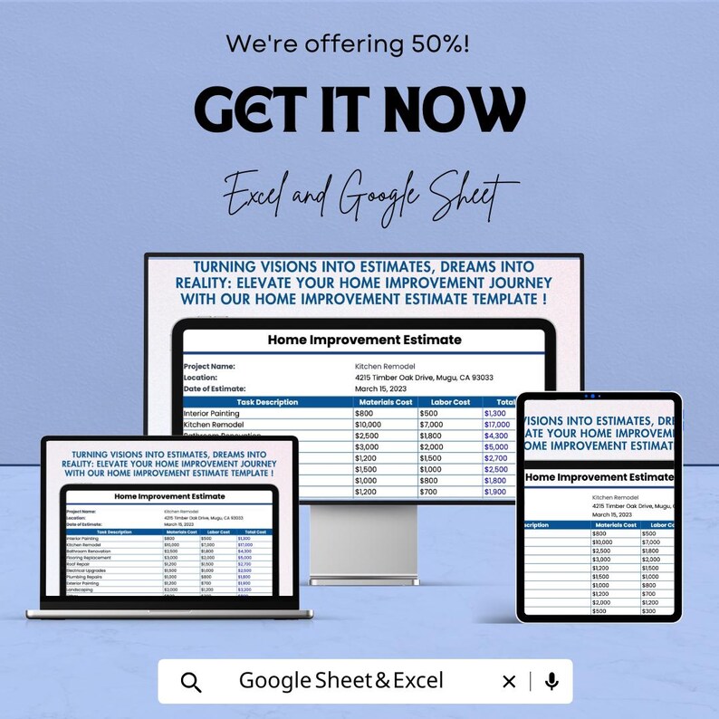 Home Improvement Estimate Template for Excel & Google Sheets – 50% off ...