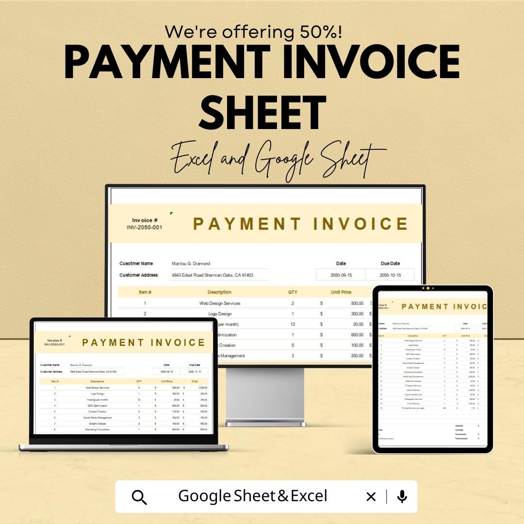 Payment Invoice Sheet | Excel and Google Sheets Template | Customizable ...