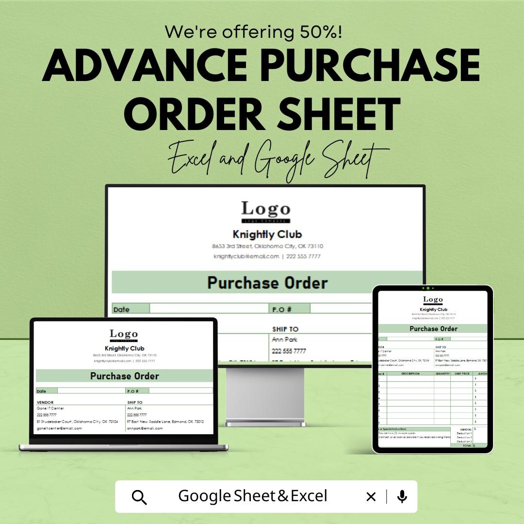 Advance Purchase Order Sheet | Editable Excel & Google Sheets Template ...