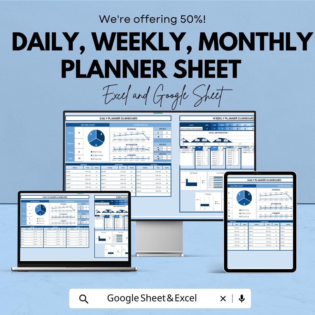 Daily, Weekly, Monthly Planner Sheet | Excel and Google Sheets Template ...