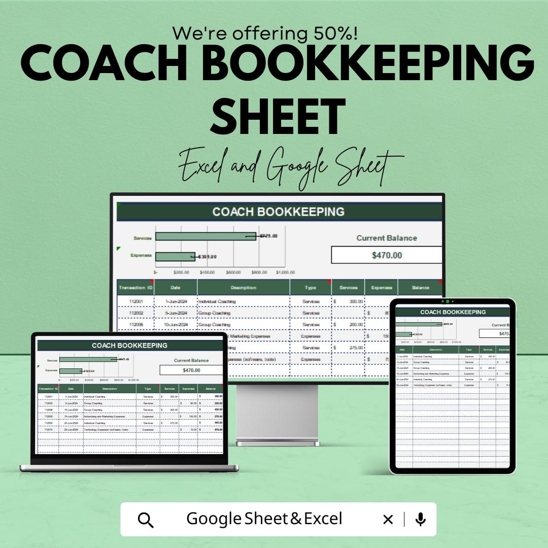 Coach Bookkeeping Template Google Sheet & Excel | Finance Tracker for ...