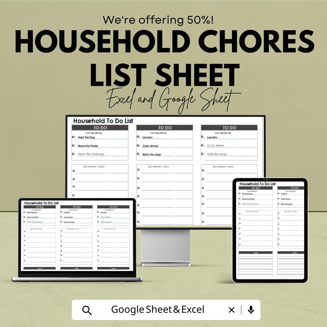 Household Chores List Sheet | Excel & Google Sheets | To-do List, Home ...