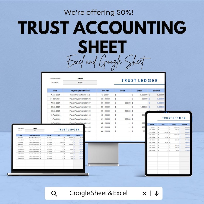 Trust Accounting Sheet | Excel and Google Sheet Template | Trust Ledger ...