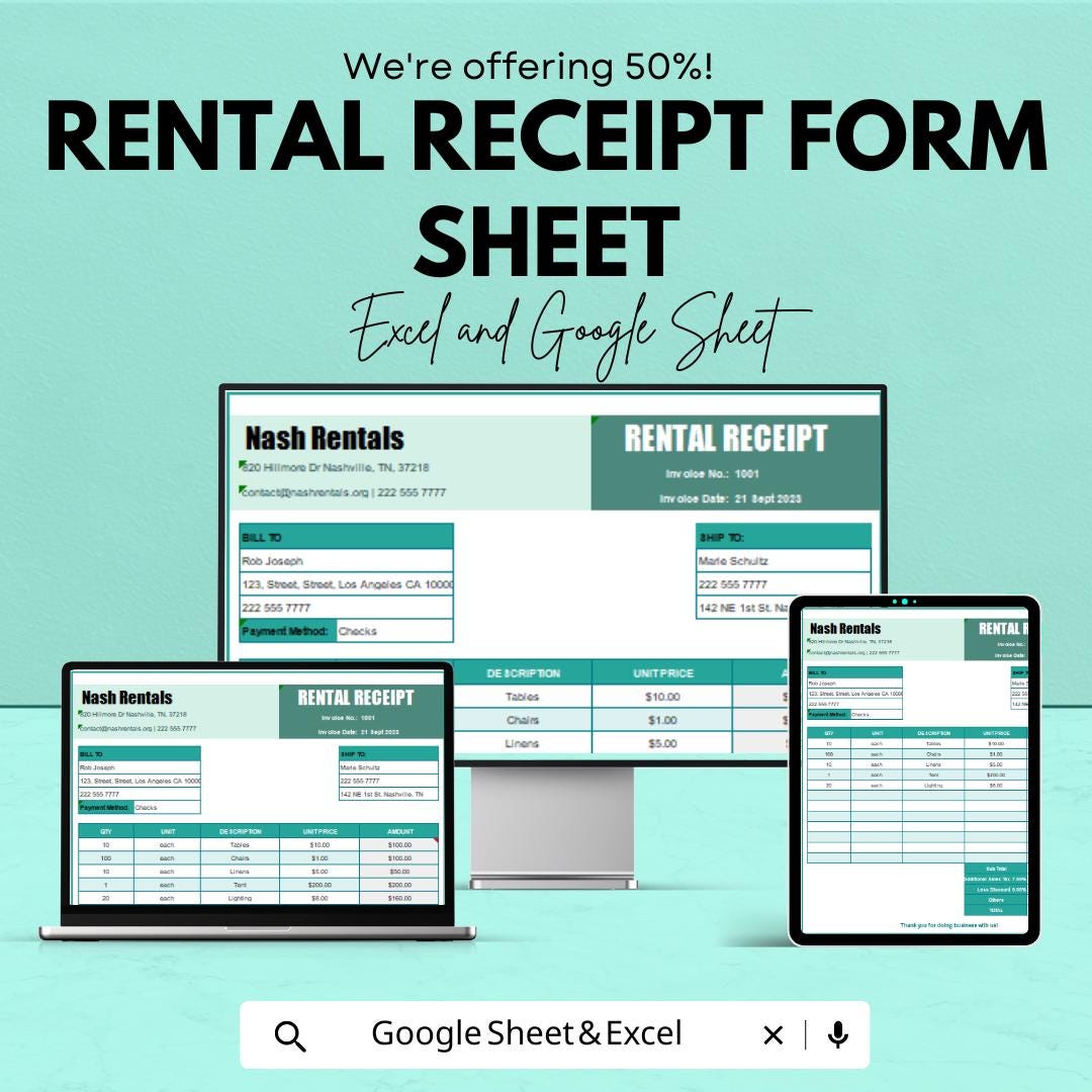 Rental Receipt Form Sheet | Excel & Google Sheets Template | Easy Rent ...