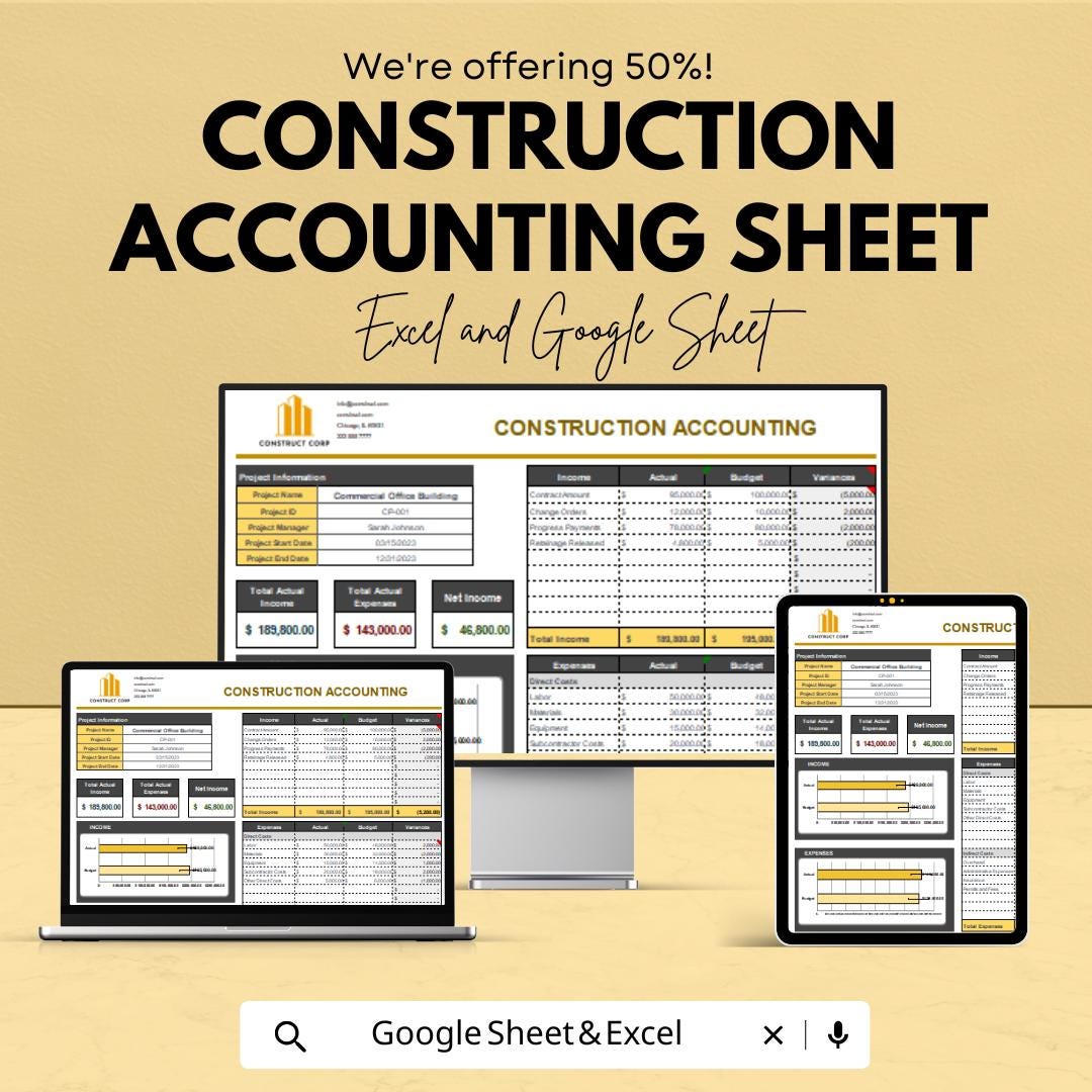 Construction Accounting Template | Excel & Google Sheet | Project Cost ...