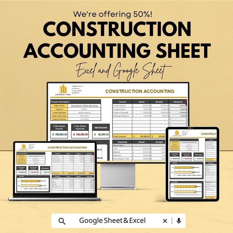 Construction Accounting Template | Excel & Google Sheet | Project Cost ...