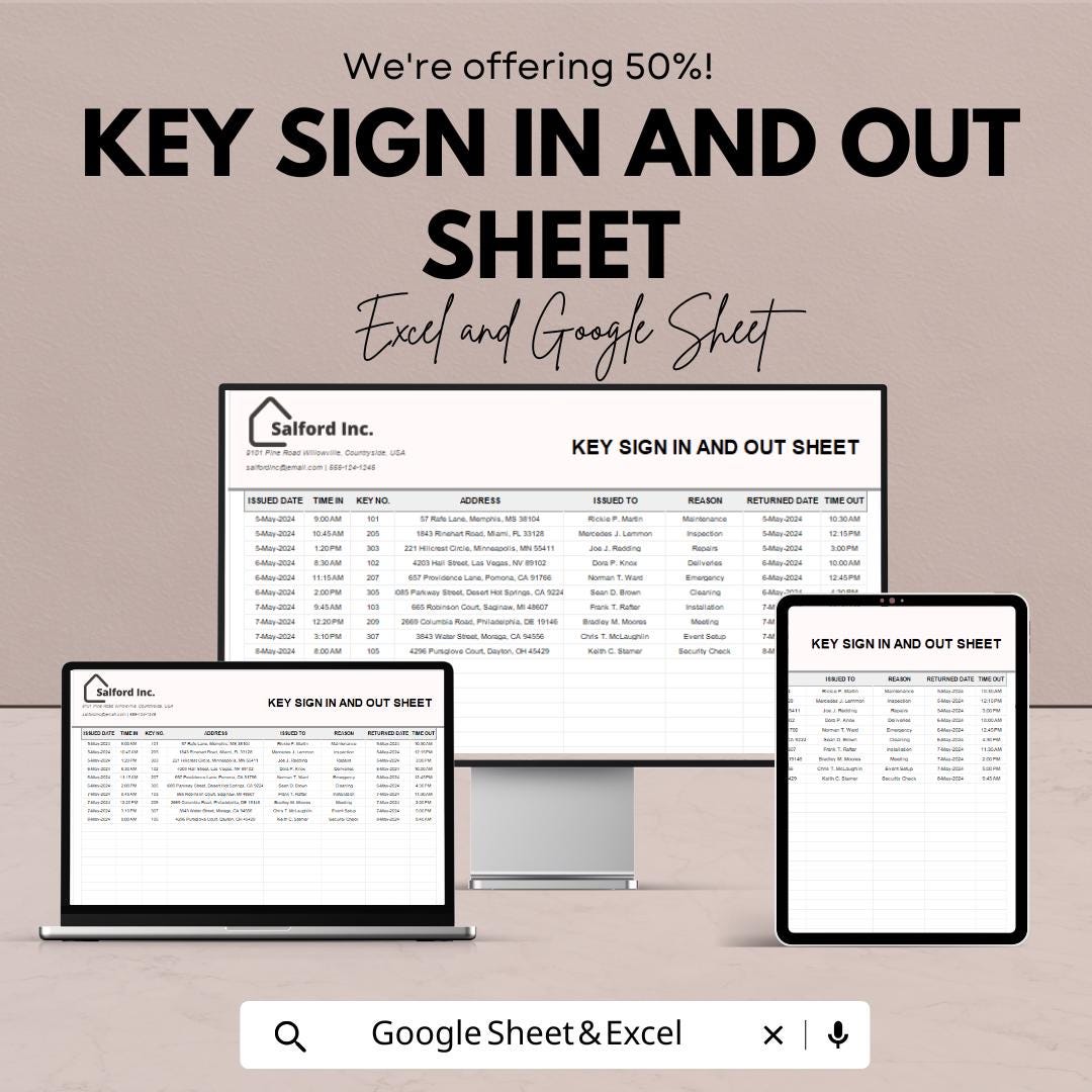 Key Sign in and Out Sheet – Excel and Google Sheet Template | Track Key ...
