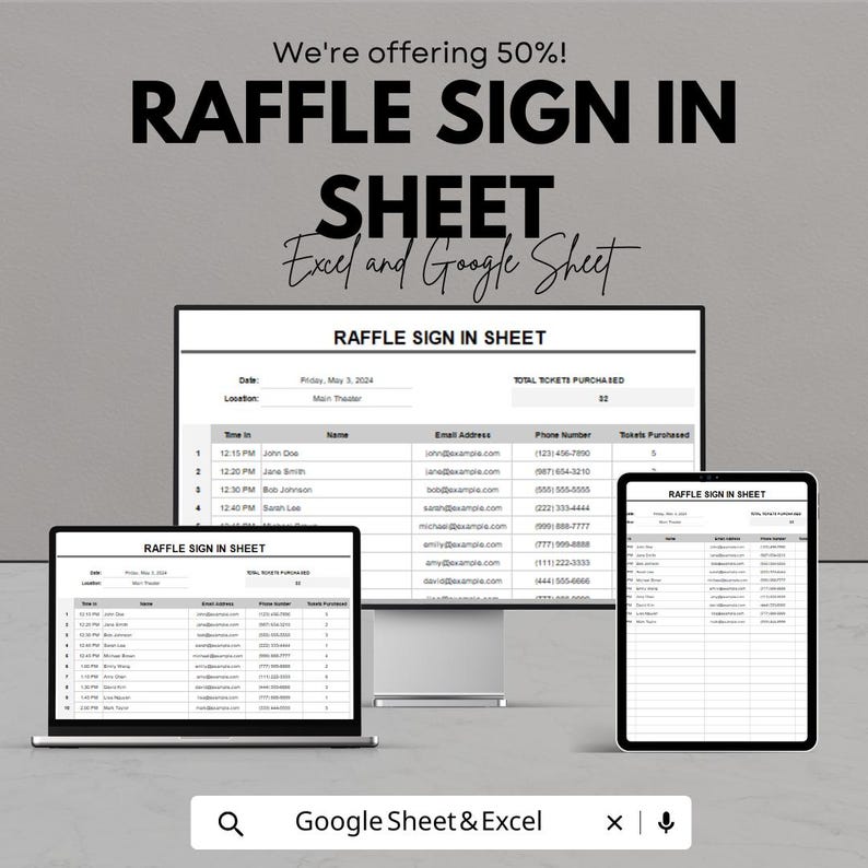 Raffle Sign in Sheet | Excel & Google Sheet Template | Event ...