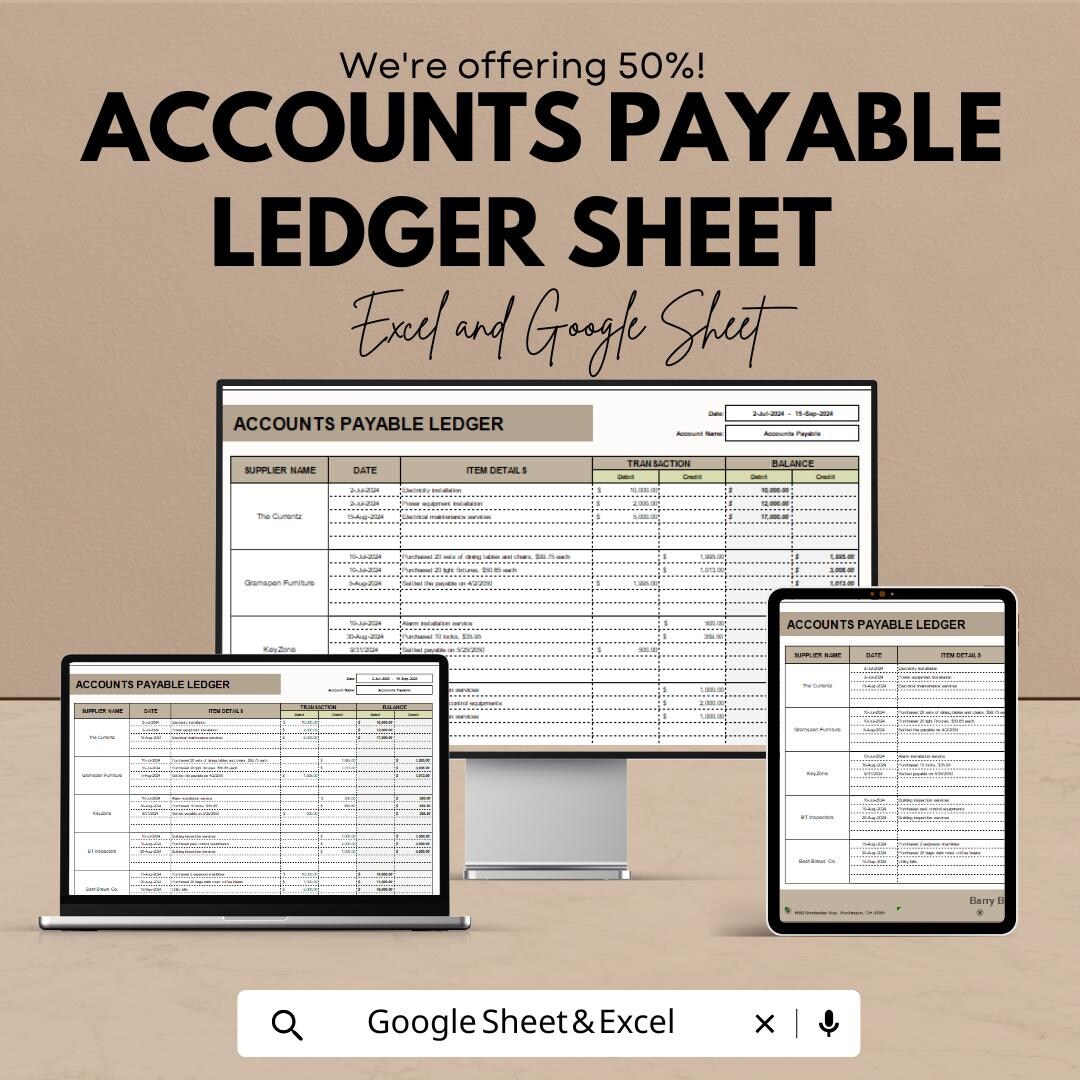 Accounts Payable Ledger Sheet | Excel & Google Sheet | Track Vendor ...