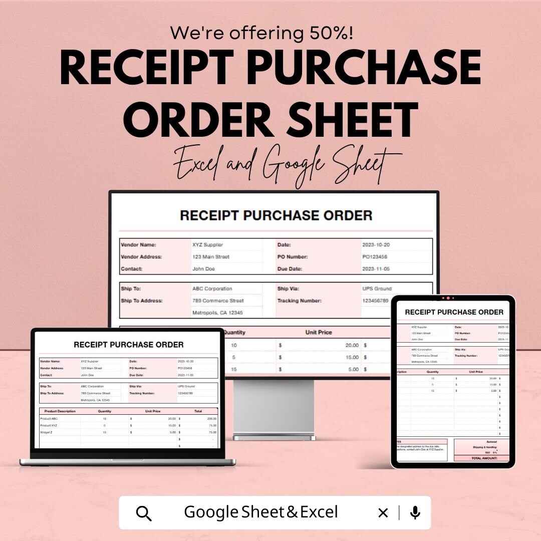 Receipt Purchase Order Sheet | Excel & Google Sheets Template | Order ...
