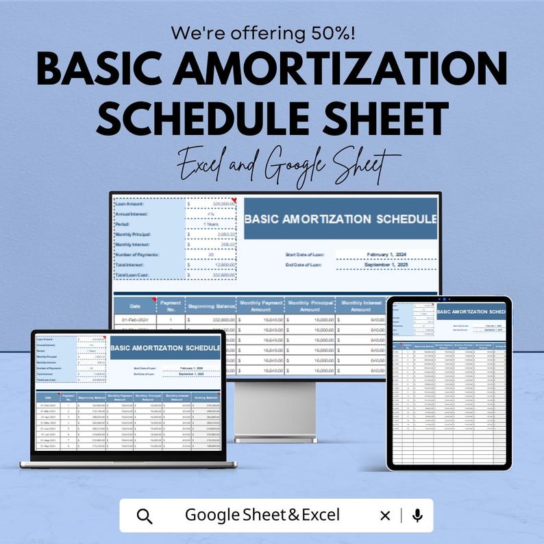 Basic Amortization Schedule Template - Google Sheets, Loan Payment Tracker, Financial Planning ...