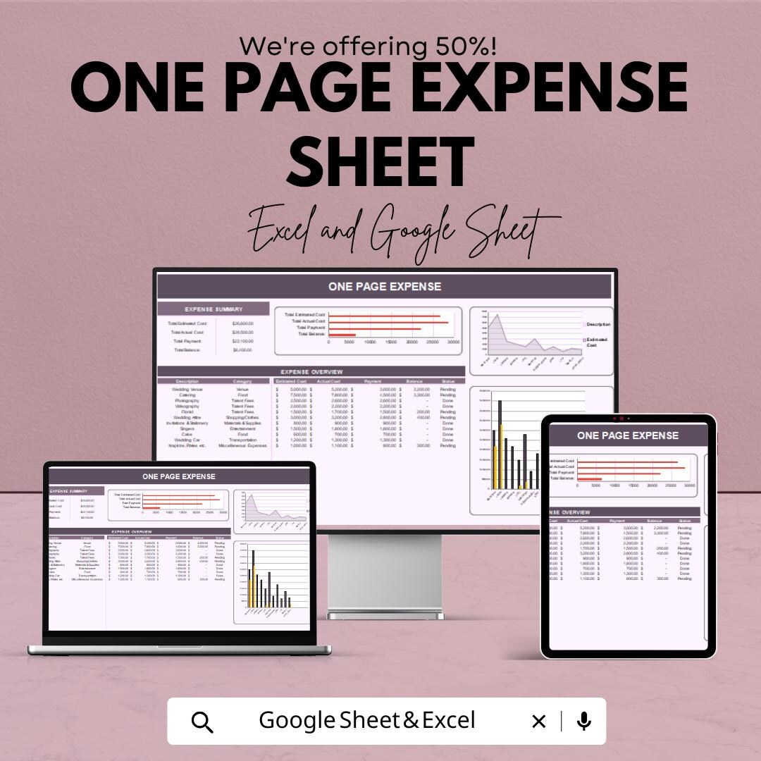 One Page Expense Tracker Sheet | Google Sheets & Excel Budget Template ...