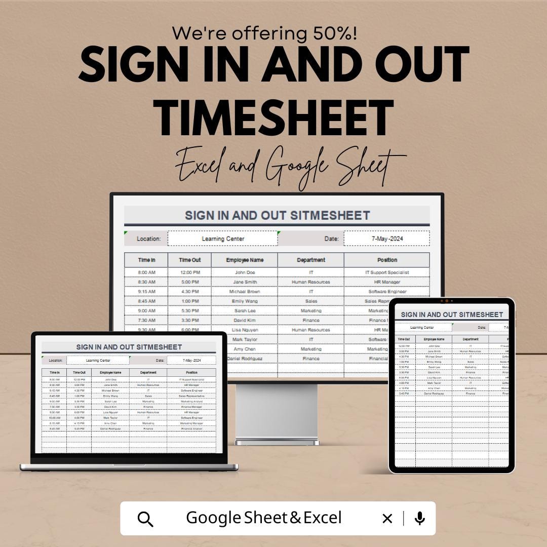 Sign in and Out Timesheet | Attendance Tracker Template | Excel ...