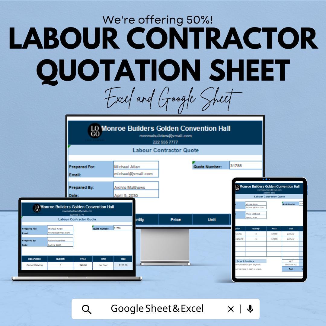 Labour Contractor Quotation Sheet | Editable Excel & Google Sheets ...