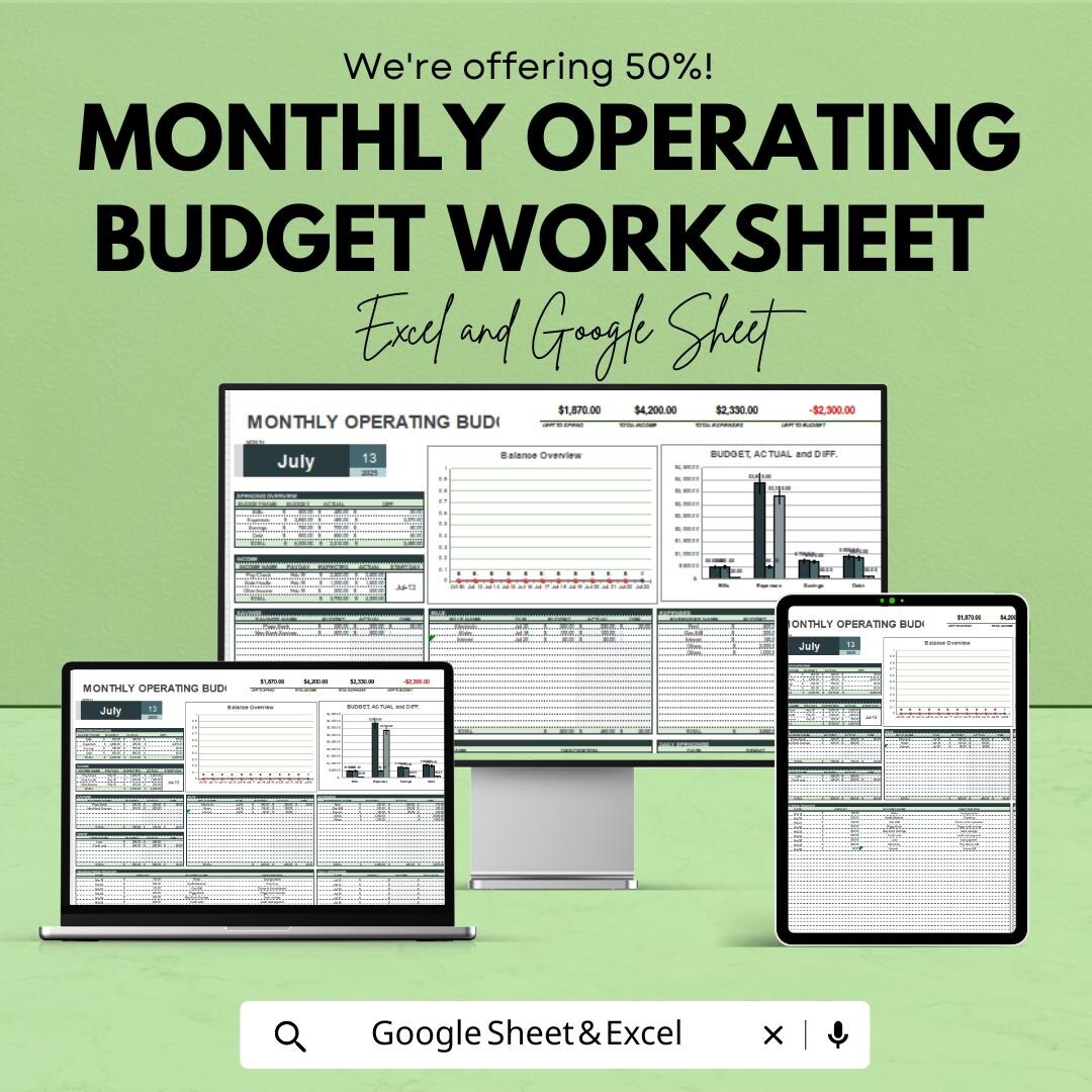 Monthly Operating Budget Worksheet | Google Sheet | Expense Tracker ...