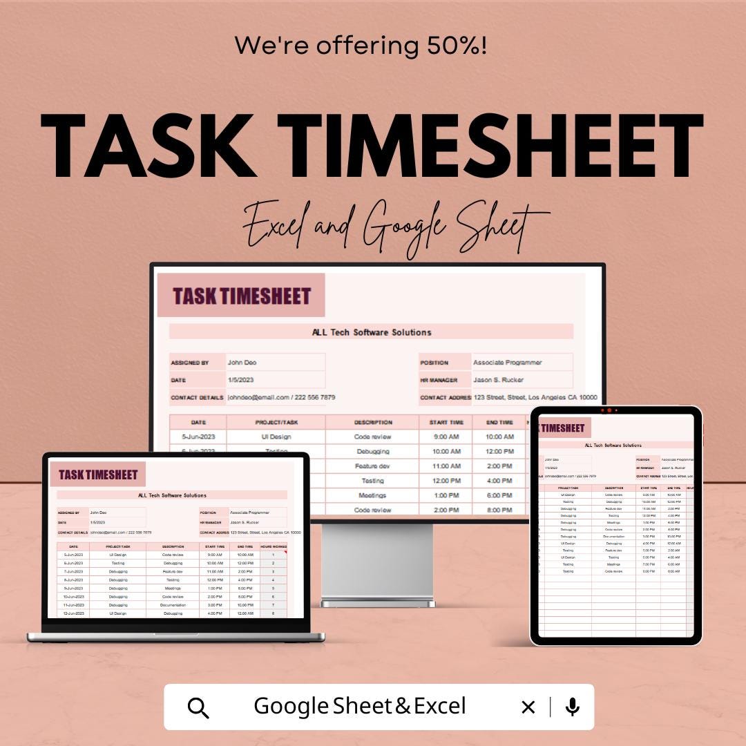 Task Timesheet Template - Excel & Google Sheet | Employee Tracking and ...