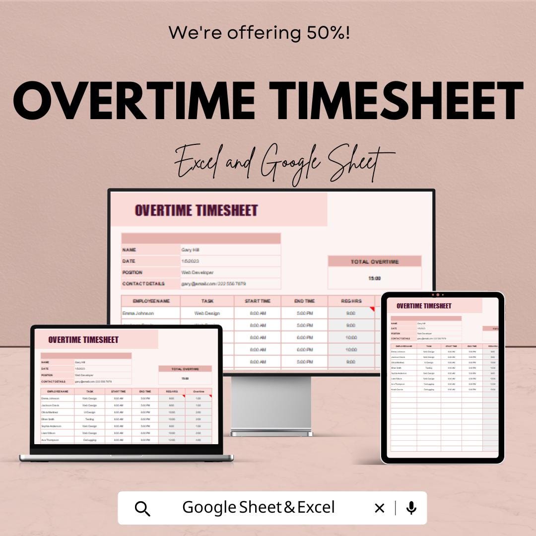 Overtime Timesheet Template | Excel & Google Sheet | Employee Timesheet ...