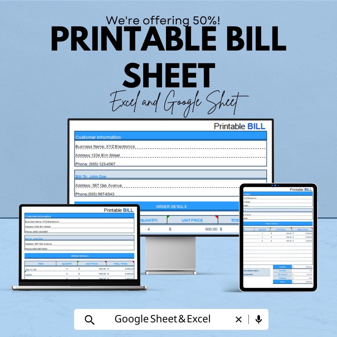 Printable Bill Template - Excel and Google Sheets, Customizable Invoice ...