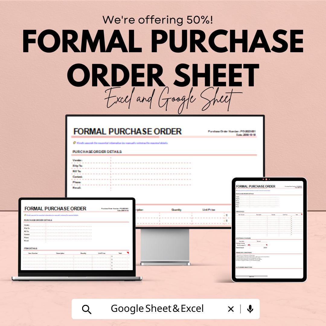 Formal Purchase Order Sheet | Fillable Excel & Google Sheet Template ...