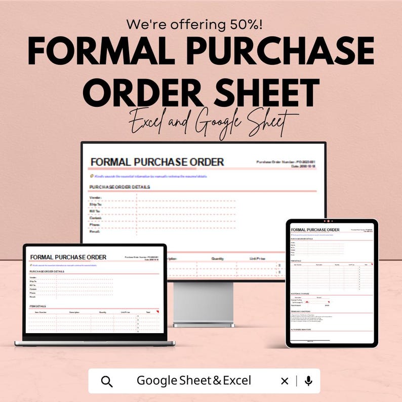 Formal Purchase Order Sheet | Fillable Excel & Google Sheet Template ...