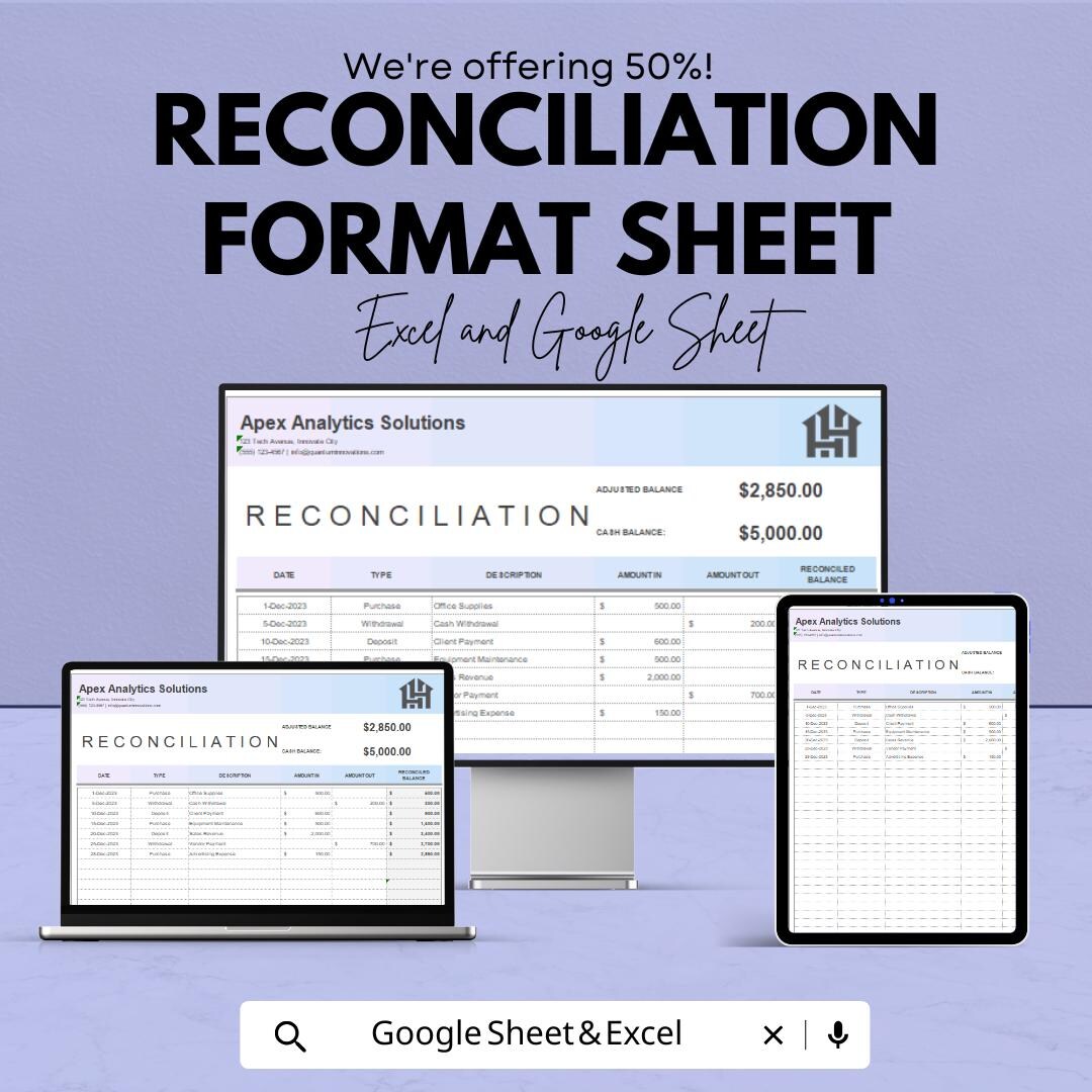 Reconciliation Template – Editable Excel and Google Sheet | Financial ...