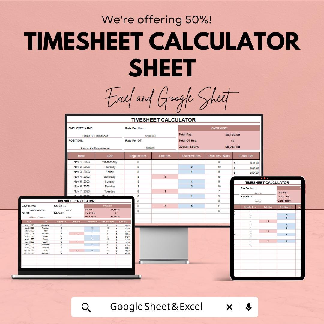 Timesheet Calculator Sheet - Excel and Google Sheets - Employee Time ...