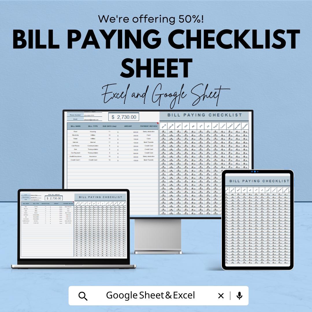 Bill Paying Checklist Template - Google Sheets, Bill Organizer, Payment ...