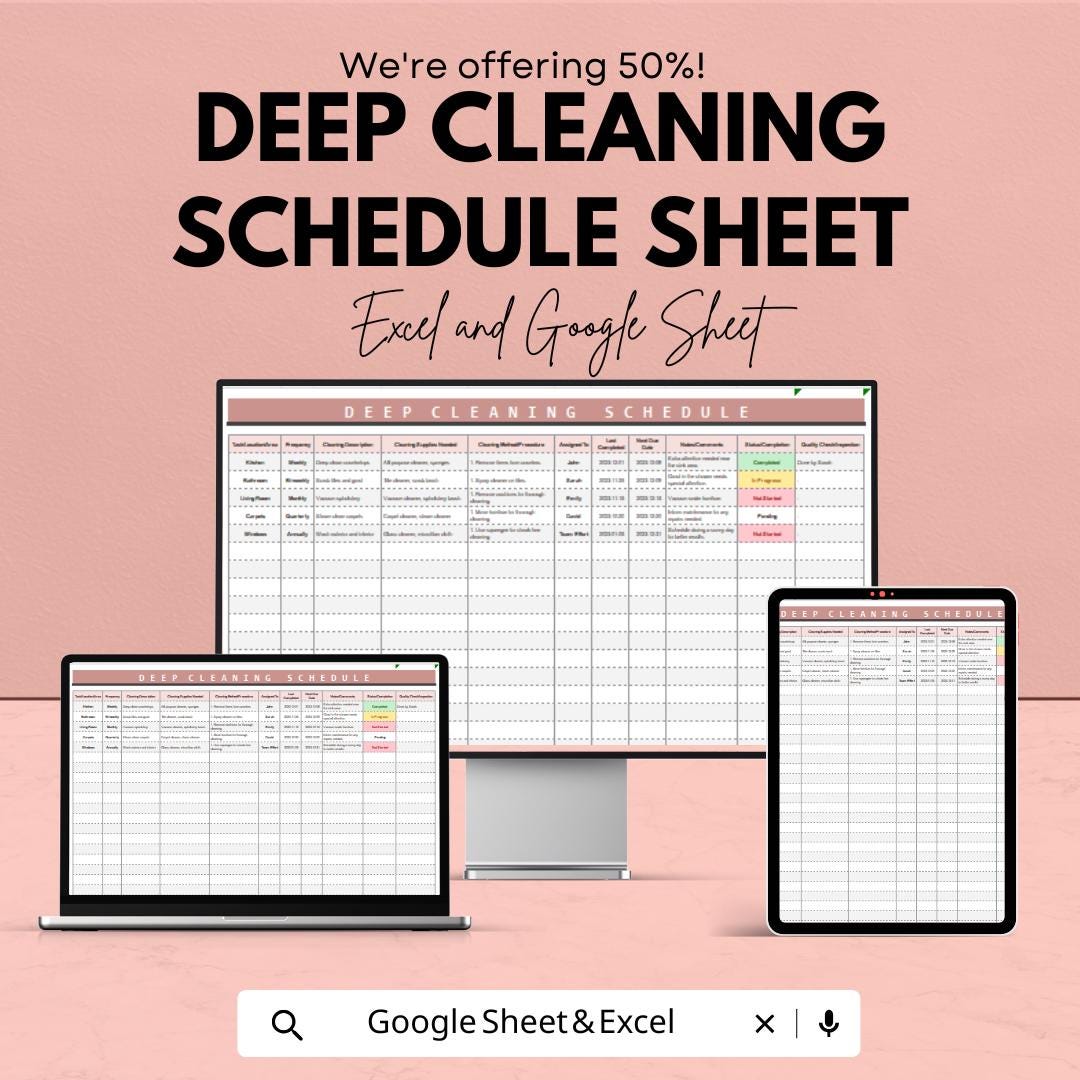Deep Cleaning Schedule Sheet - Excel & Google Sheets Template - Task ...