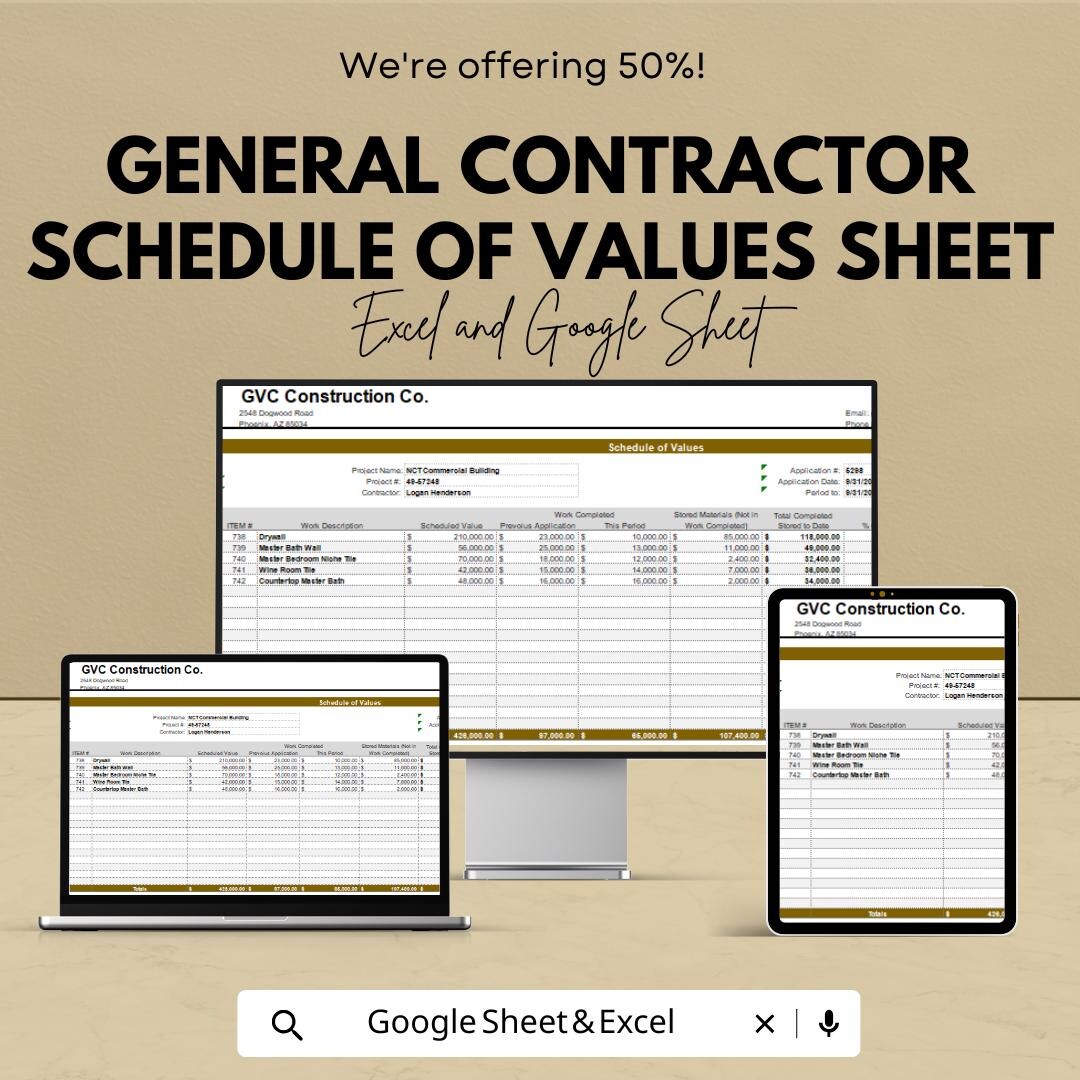 General Contractor Schedule of Values Sheet | Excel & Google Sheets ...