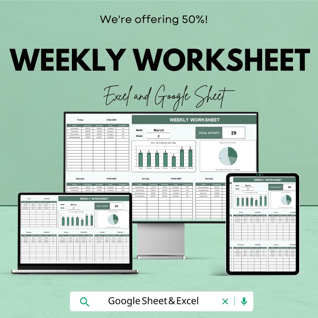 Weekly Worksheet for Excel and Google Sheets | Weekly Activity Planner ...
