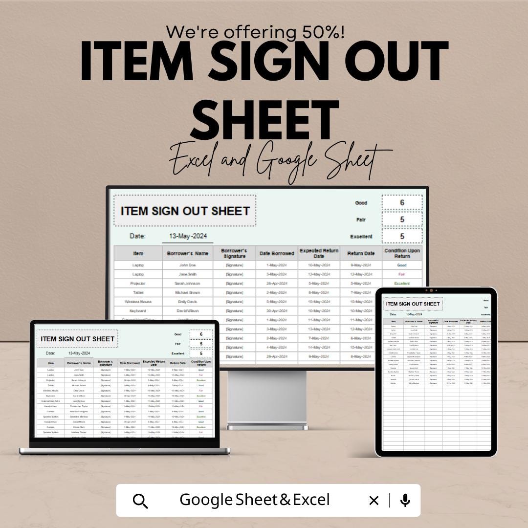 Item Sign Out Sheet - Excel and Google Sheet Template for Item Tracking ...