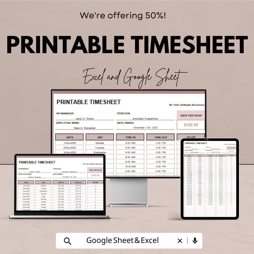 Printable Timesheet Template - Editable Excel & Google Sheet for Easy ...