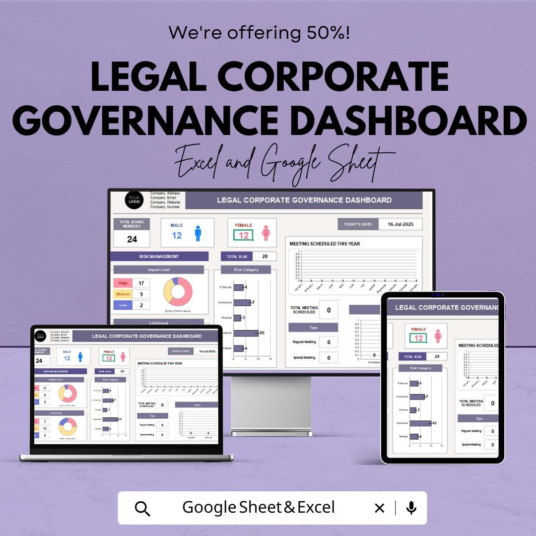 Legal Corporate Governance Dashboard | Excel and Google Sheet ...